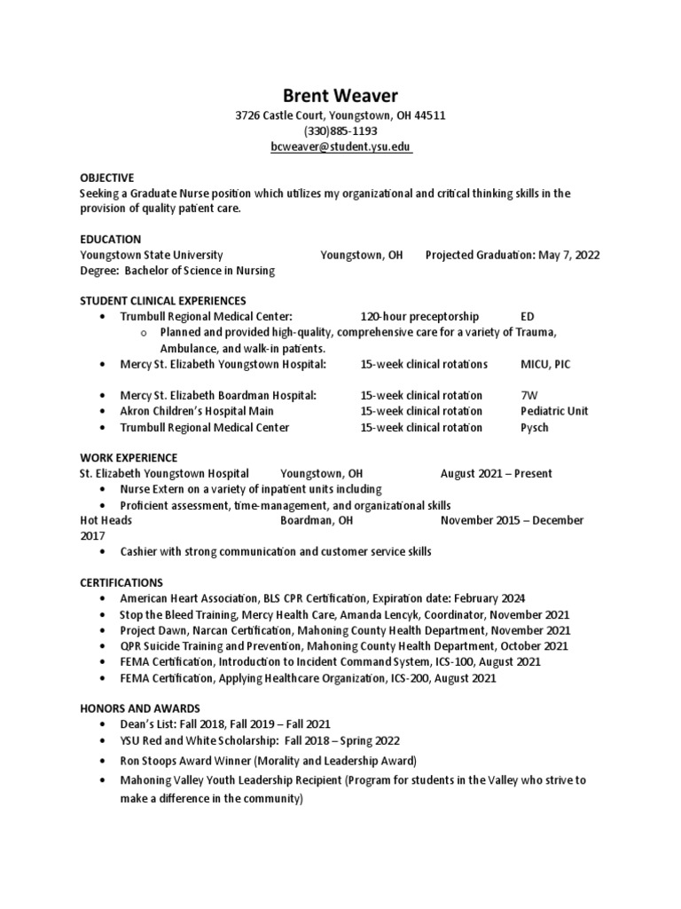 YSU Nursing Graduate Resume Summary | PDF | Nursing | Hospital