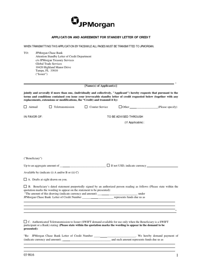 Standby Letter of Credit Application | PDF | Indemnity | Letter Of Credit