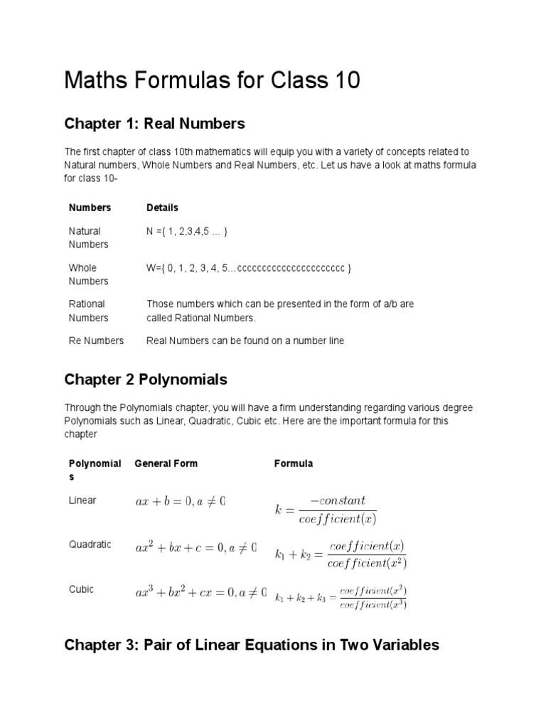 Maths Formulas For Class 10 | PDF | Area | Equations