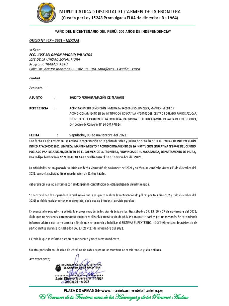 Oficio 447 - 2021-Mdcf.a Reprogramacion de Trabajos Colegio Pan de Azucar | PDF | Póliza de ...