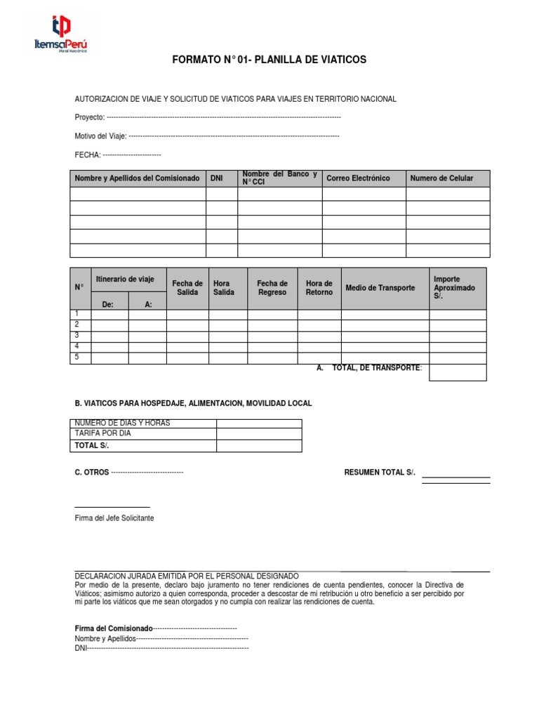 Formato #01 - Planilla de Viaticos | PDF