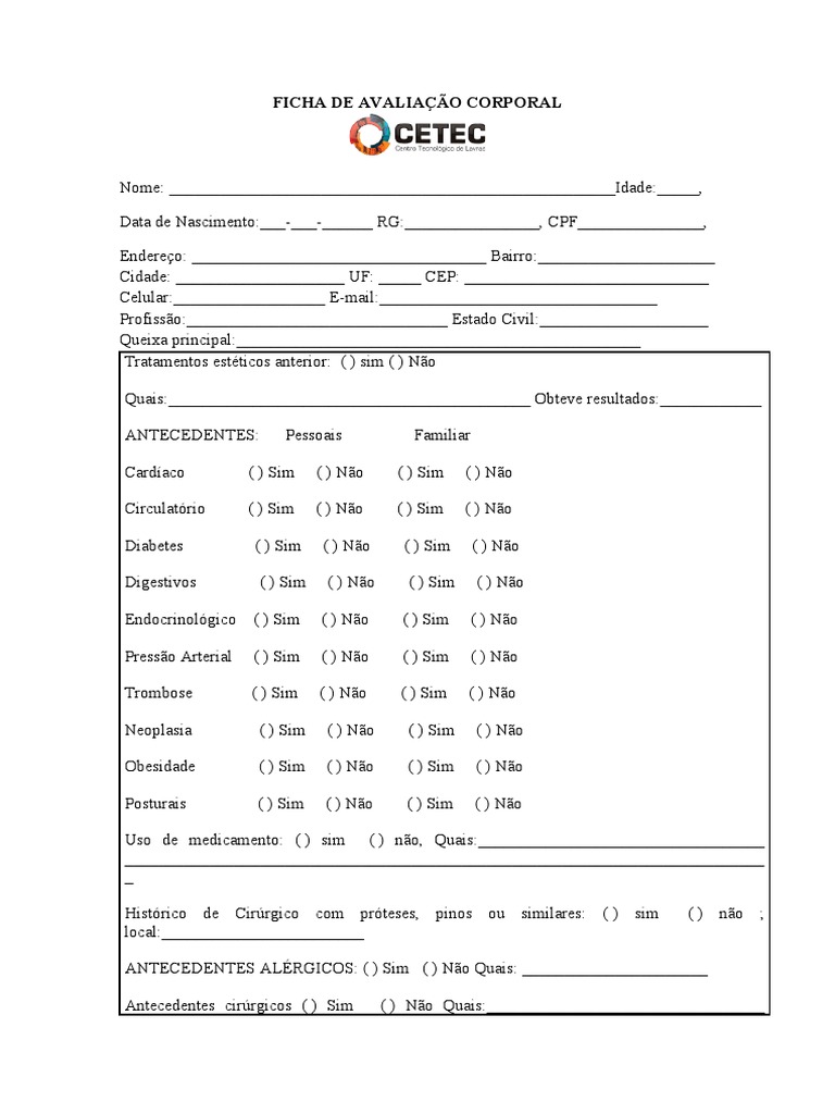 Ficha de Avaliação Corporal Cetec | PDF | Medicina Clínica ... Ficha de Avaliação Corporal Cetec | PDF | Medicina Clínica ...