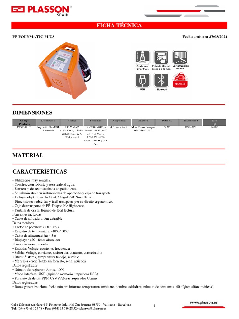 PF Polymatic Plus: Ficha técnica de la soldadora eléctrica Bluetooth de ...