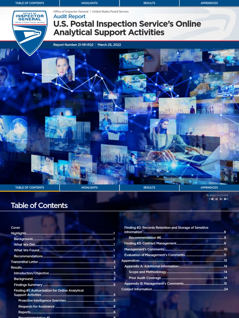 U.S. Postal Inspection Service's Online Analytical Support Activities ...