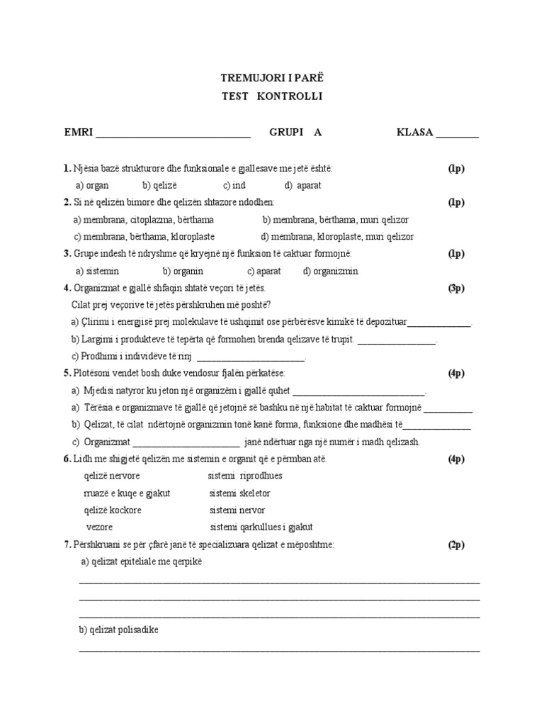 Biologji 7 Teste Tremujori I | PDF
