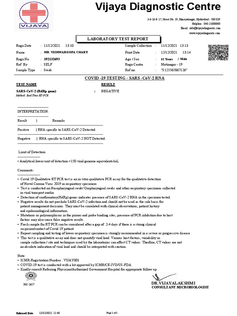 Vijaya Diagnostic COVID-19 Test Report | PDF | Reverse Transcription ...