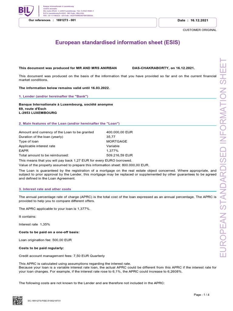 European Standardised Information Sheet (ESIS) : 1. Lender (And/or ...