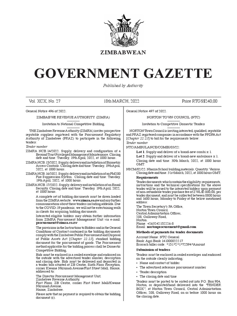 ZIMRA and Norton Town Council Tenders | PDF | Procurement | Business