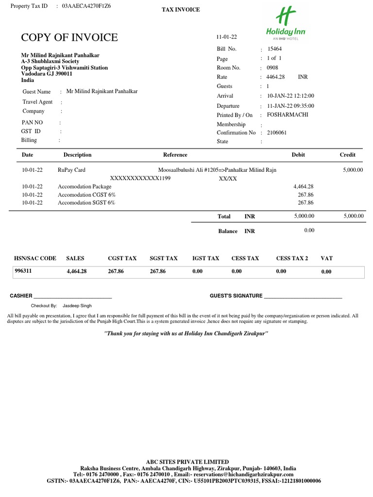 Invoice: "Thank You For Staying With Us at Holiday Inn Chandigarh ...