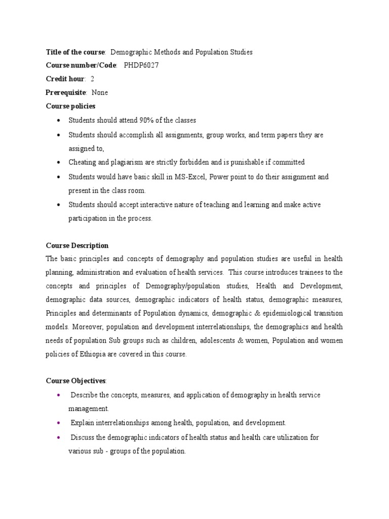Title of The Course: Demographic Methods and Population Studies Course ...