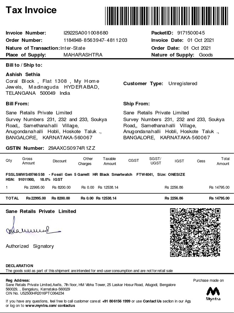 Purchase of a Fossil Gen 5 Smartwatch from Sane Retails Private Limited ...