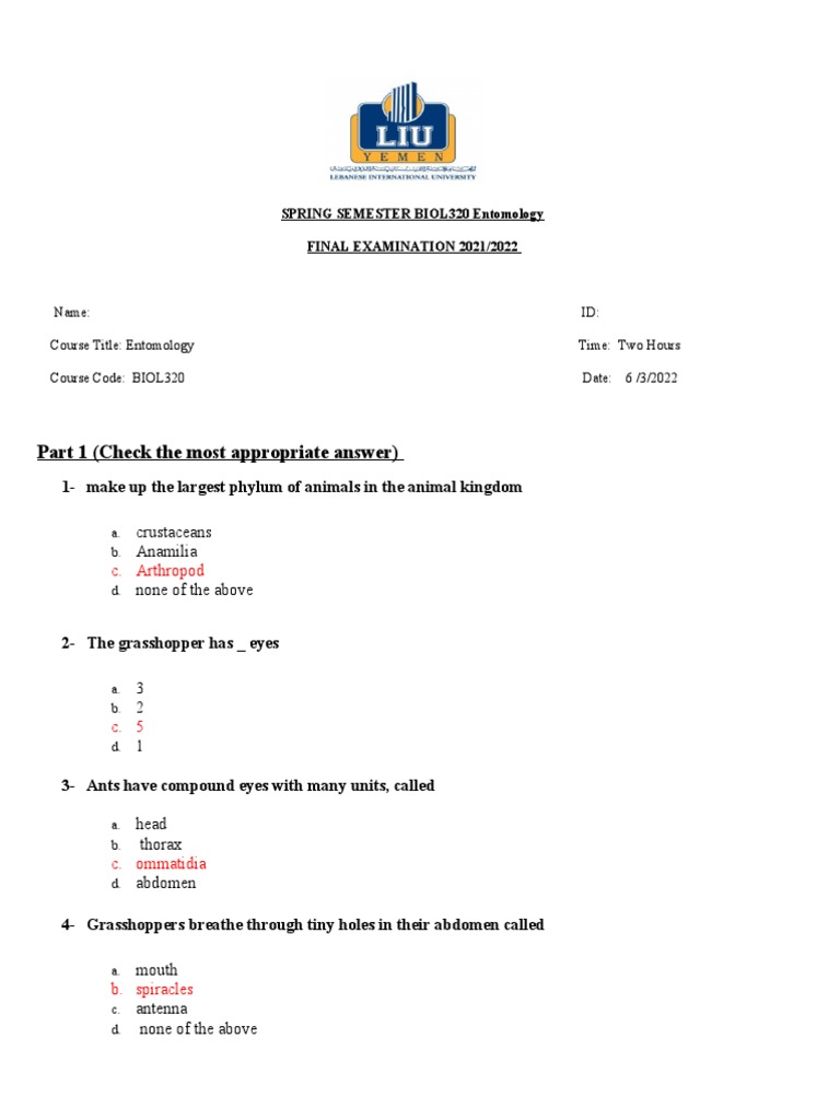 BIOL320 Entomology Final Exam 2022 | PDF | Insects | Ant