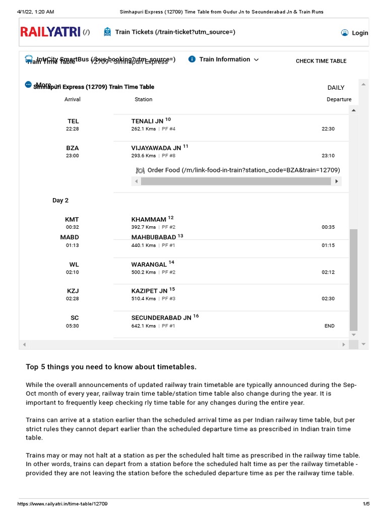 Simhapuri Express (12709) Time Table From Gudur JN To Secunderabad JN ...