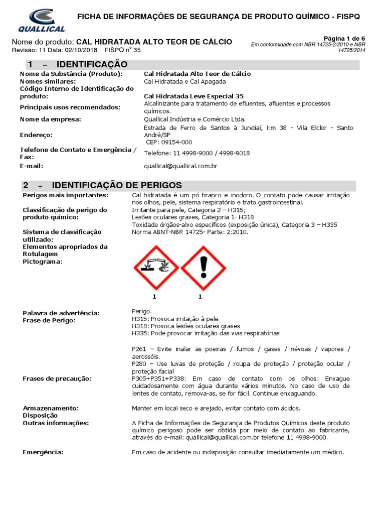FISPQ Cal Hidratada - 35 Rev 11 | PDF | Química | Cálcio