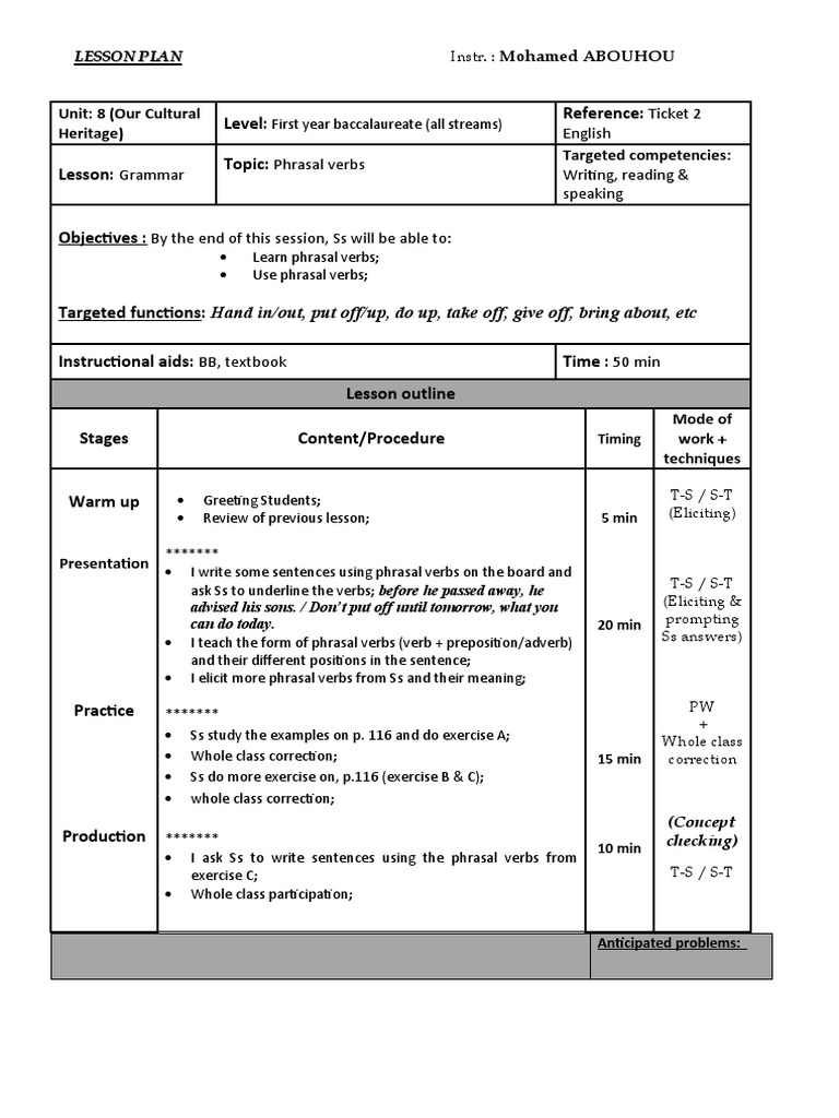 Phrasal Verbs Lesson Plan for SS1 | PDF | Verb | Lesson Plan