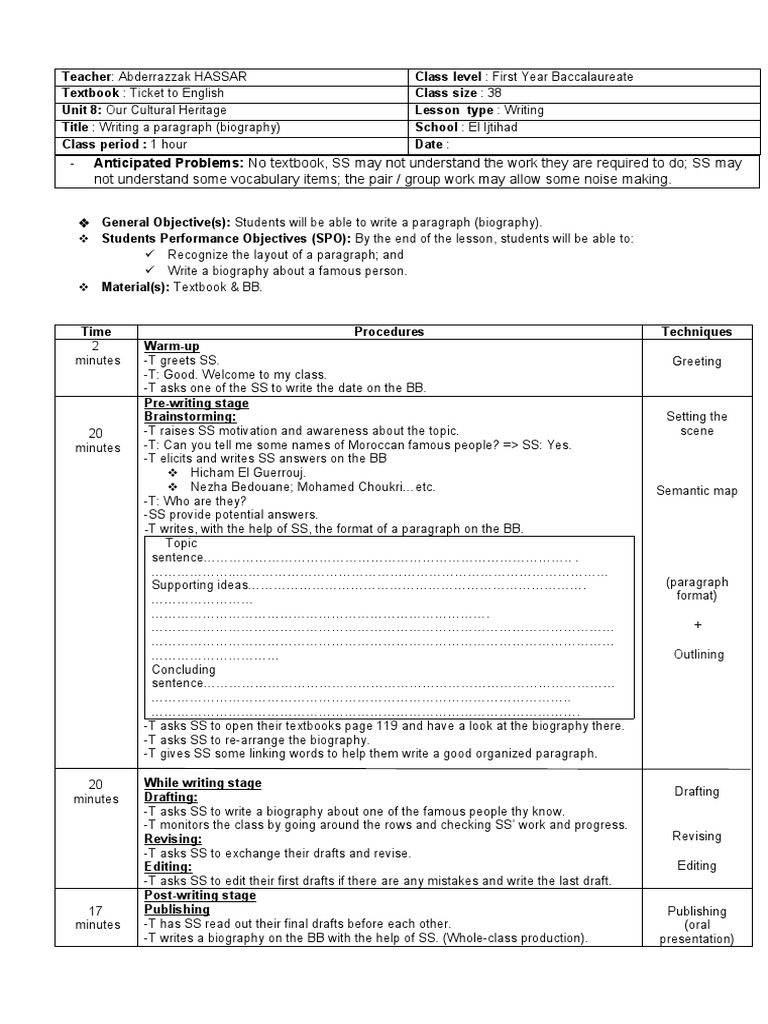 Ticket 1 Bac LP Comp3 U.8 Writing A Biography (Paragraph) Lesson Plan ...
