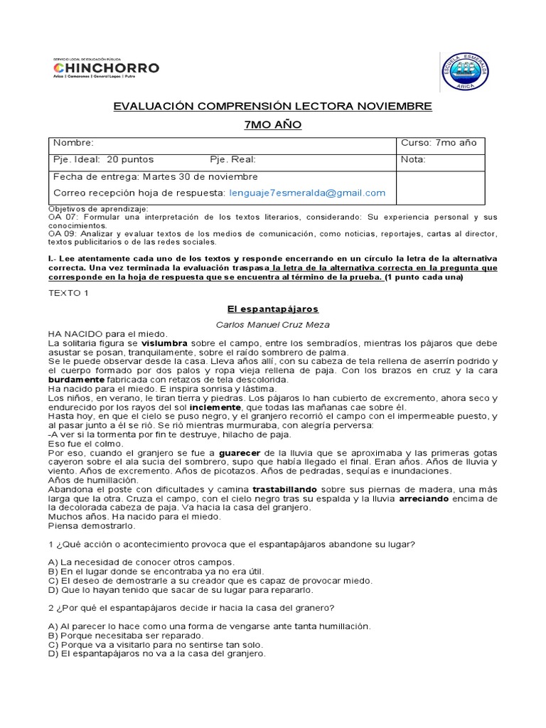 Evaluación Comprensión Lectora Noviembre 7mo Año | PDF