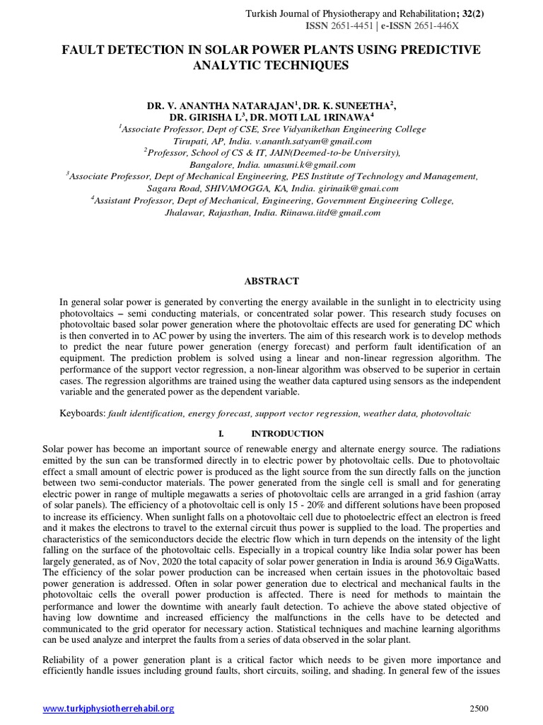 Fault Detection in Solar Power Plants Using Predictiveanalytic ...