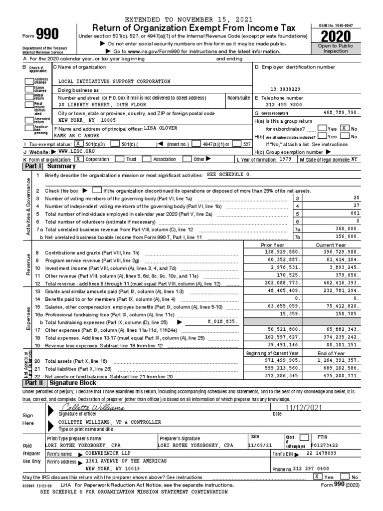 LISC 2020 Form 990 Overview | PDF | Irs Tax Forms | 501(C) Organization