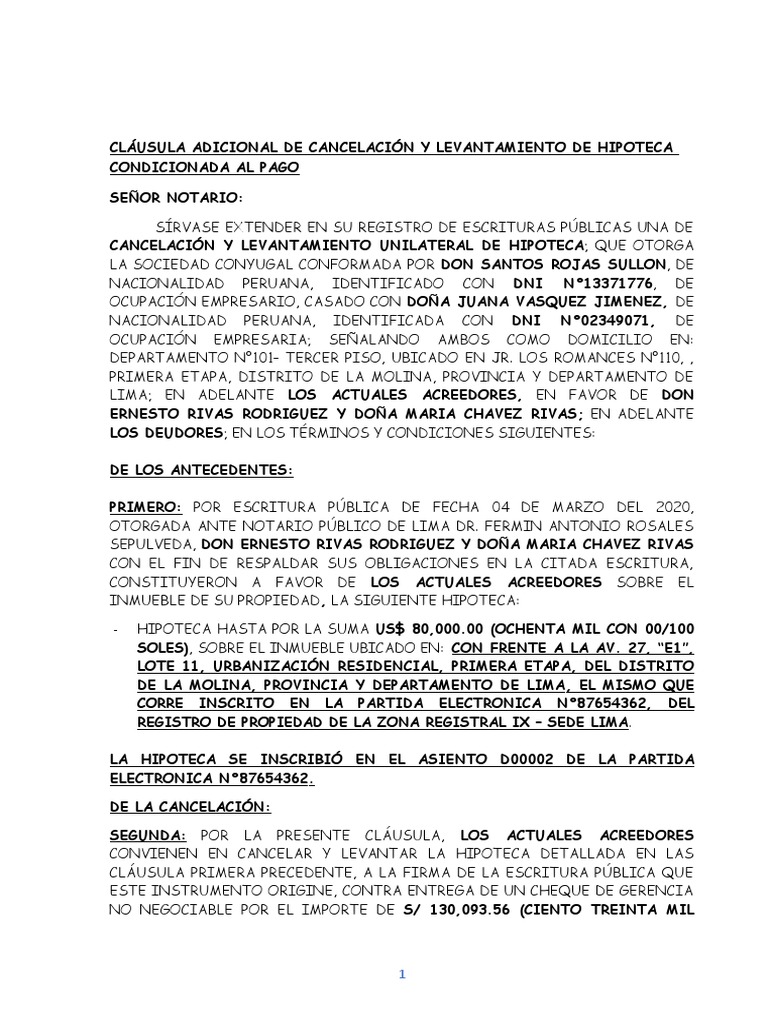 Cláusula Adicional de Cancelación y Levantamiento de Hipoteca | PDF | Hipoteca Comercial ...