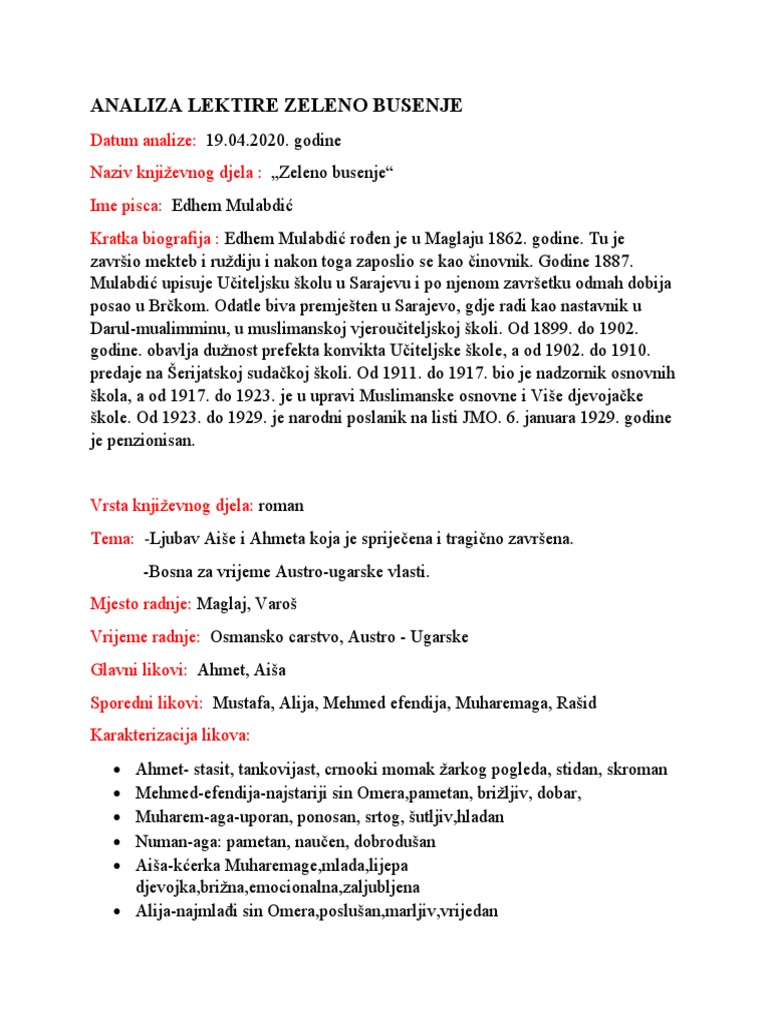 Analiza Lektire Zeleno Busenje: Datum Analize: Naziv Književnog Djela: Ime Pisca: Kratka ...