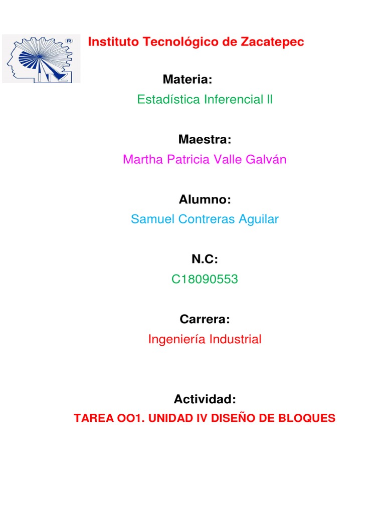 Tarea Oo1. Unidad Iv Diseño de Bloques | PDF | Análisis de variación ...