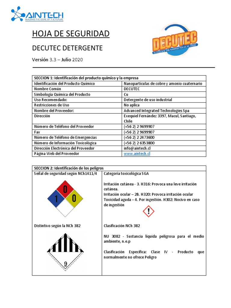 Hoja de Seguridad Decutec Detergente | PDF | Agua | Toxicidad