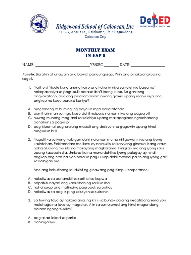 Esp 8 Monthly Exam | PDF