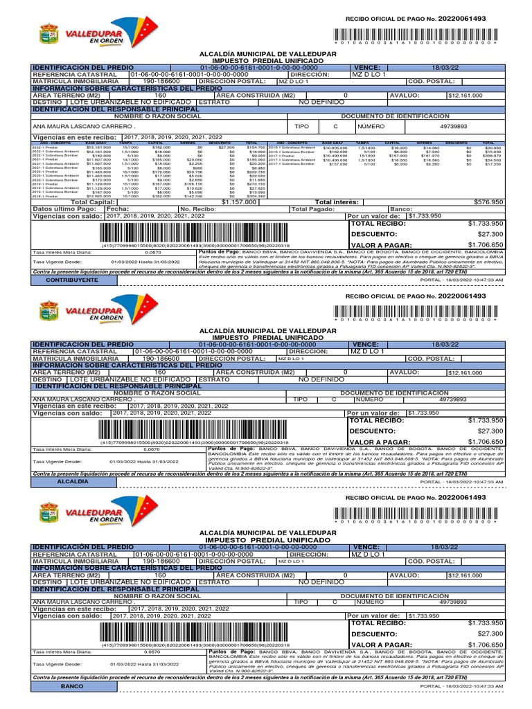 Recibo Predial Lote Laura | PDF | Servicios financieros | Bancos