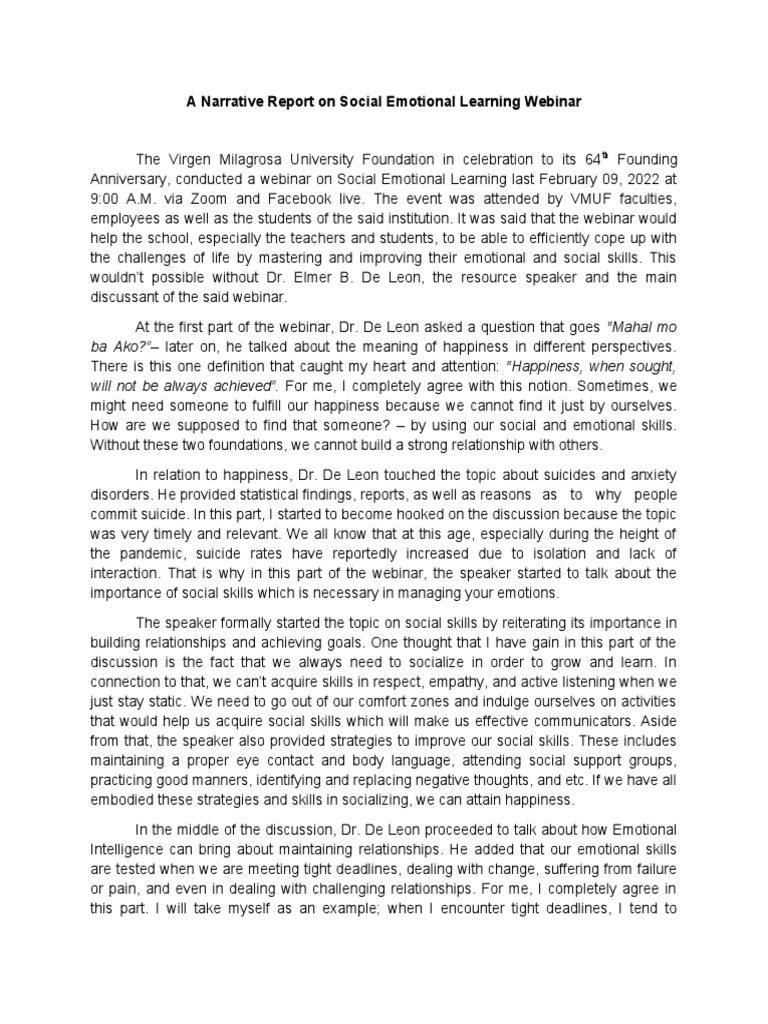 A Narrative Report On Social Emotional Learning Webinar | PDF ...