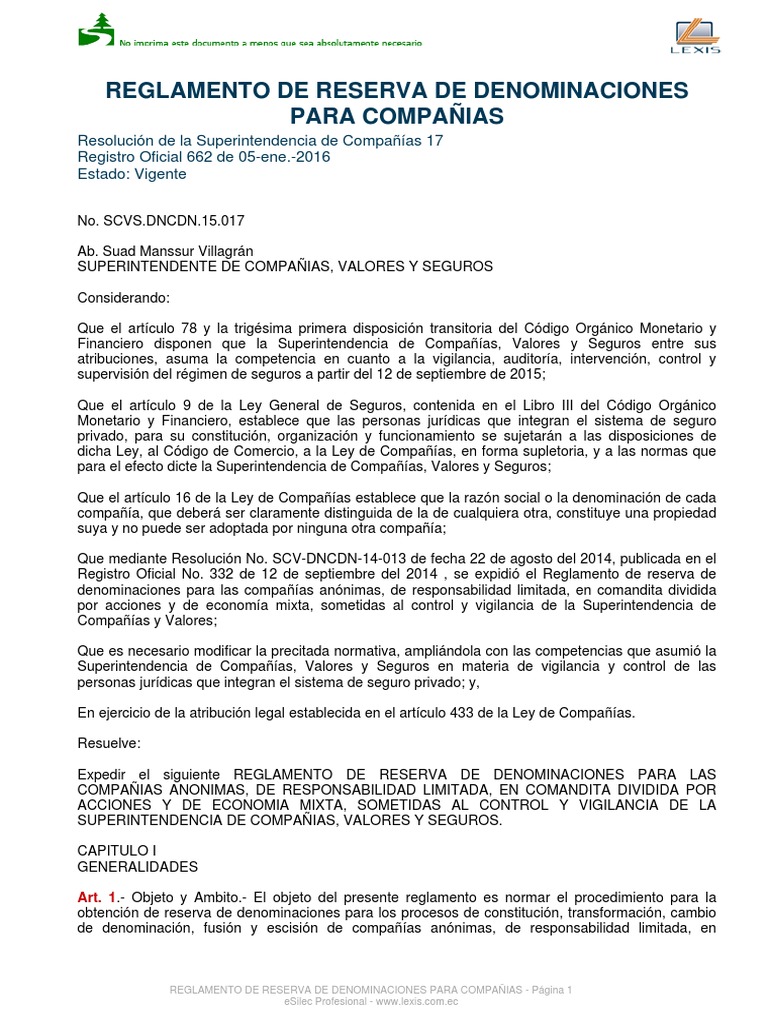 REG. DE RESERVA de Denominaciones de Compañías | PDF | Seguro | Business
