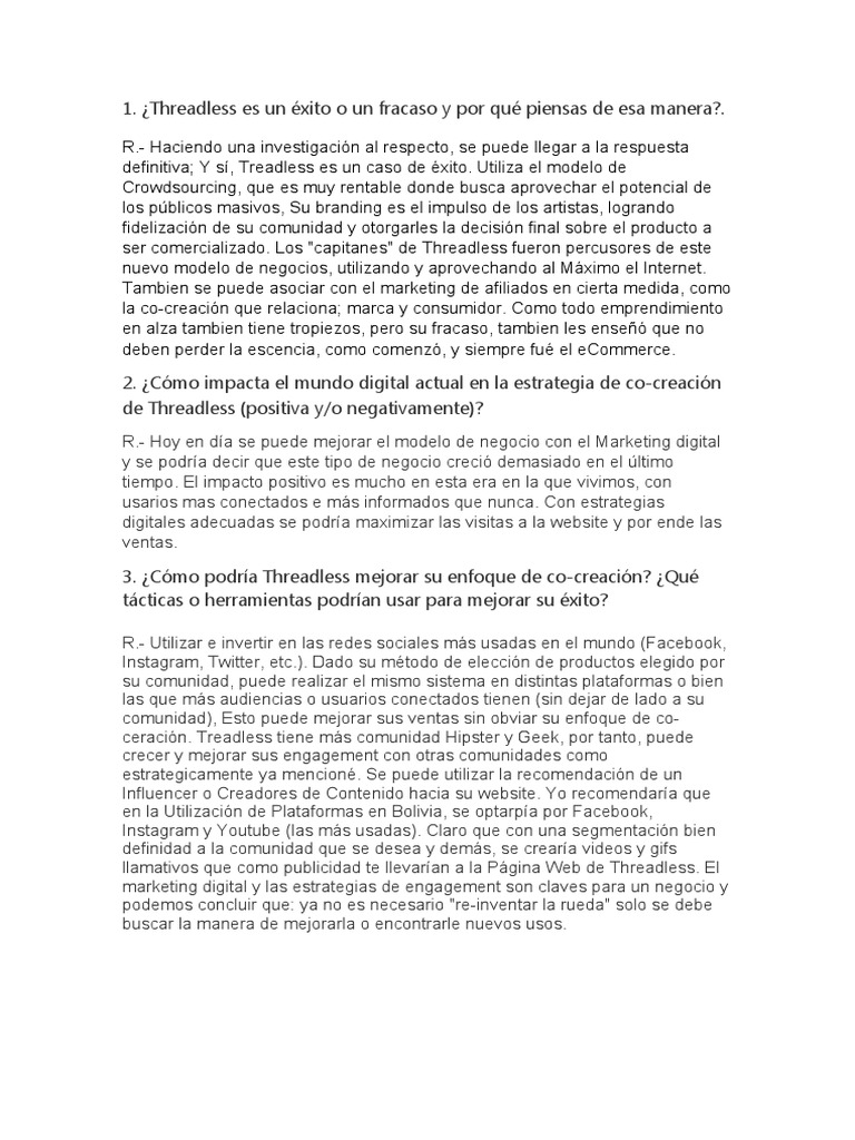 CO-CREACIÓN CASO THREADLESS by R. Jacob Jallaza C. | PDF | Marketing | Comercio electrónico