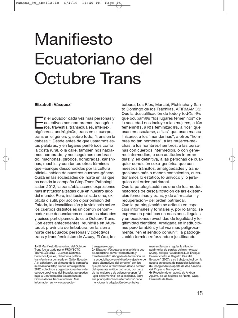 Vásquez - Manifiesto Ecuatoriano Del Octubre Trans | PDF | Estudios LGBTQIA+ | Transgénero