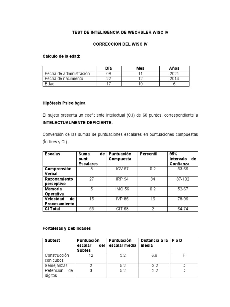 Test de Inteligencia de Wechsler Wisc IV | PDF | Aprendizaje | Pruebas ...