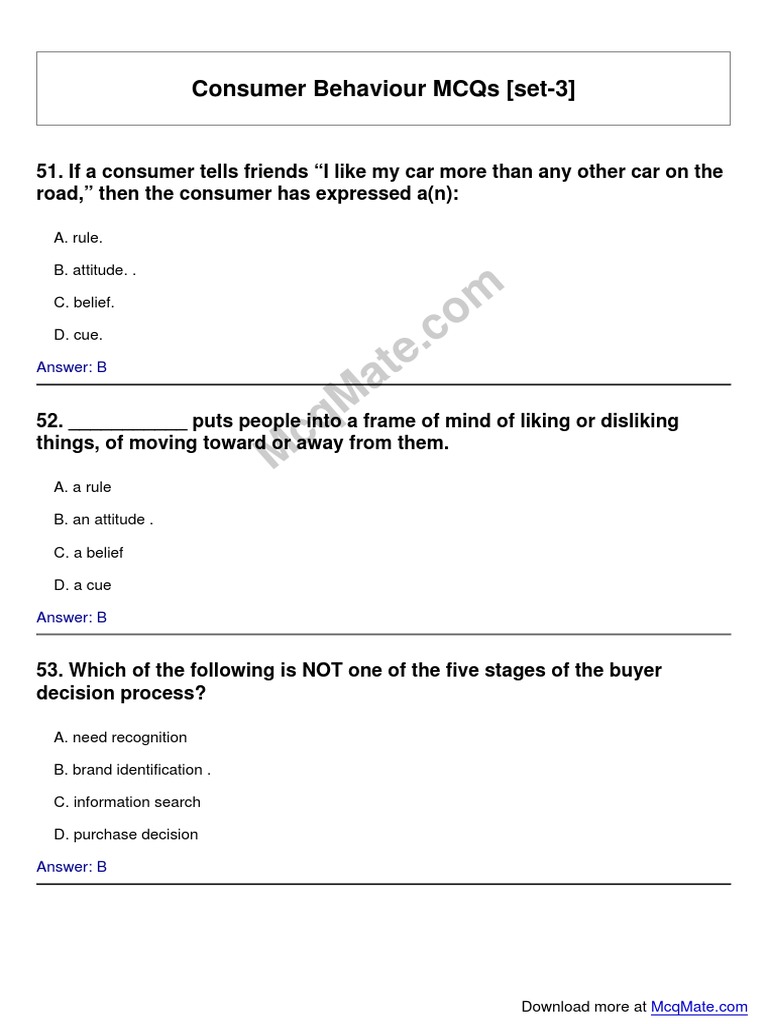 Consumer Behaviour Solved MCQs (Set-3) | PDF | Behavior | Consumer ...