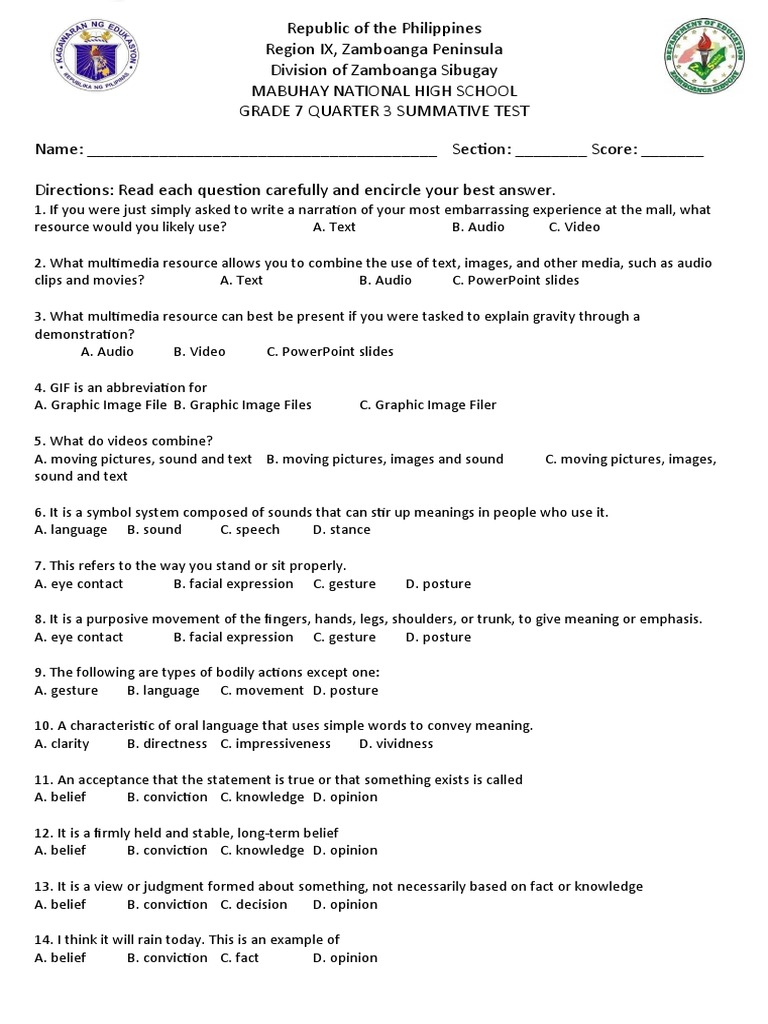 Grade 7 Summative Quarter 3 | PDF | Multimedia | Gesture