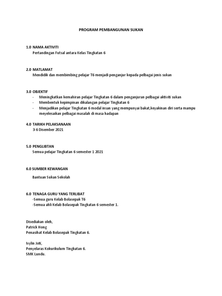 Program Pembangunan Sukan Kertas Kerja | PDF