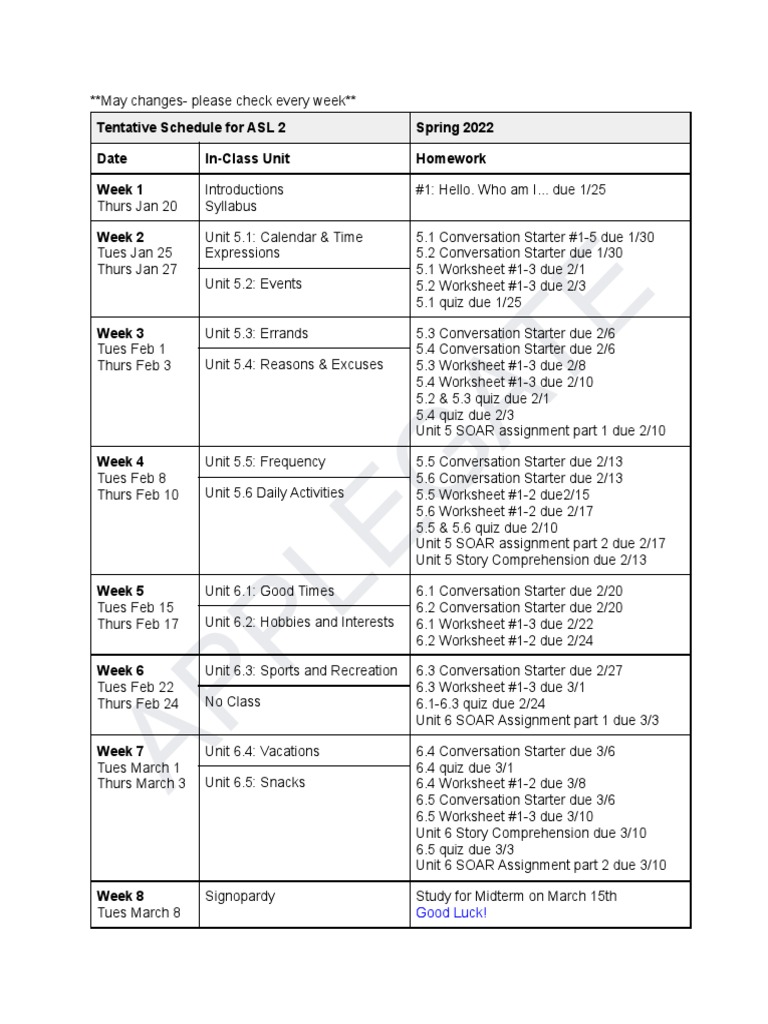 Tentative Schedule For Asl 2 - Spring 2022 1 | PDF | Hobbies | Home ...