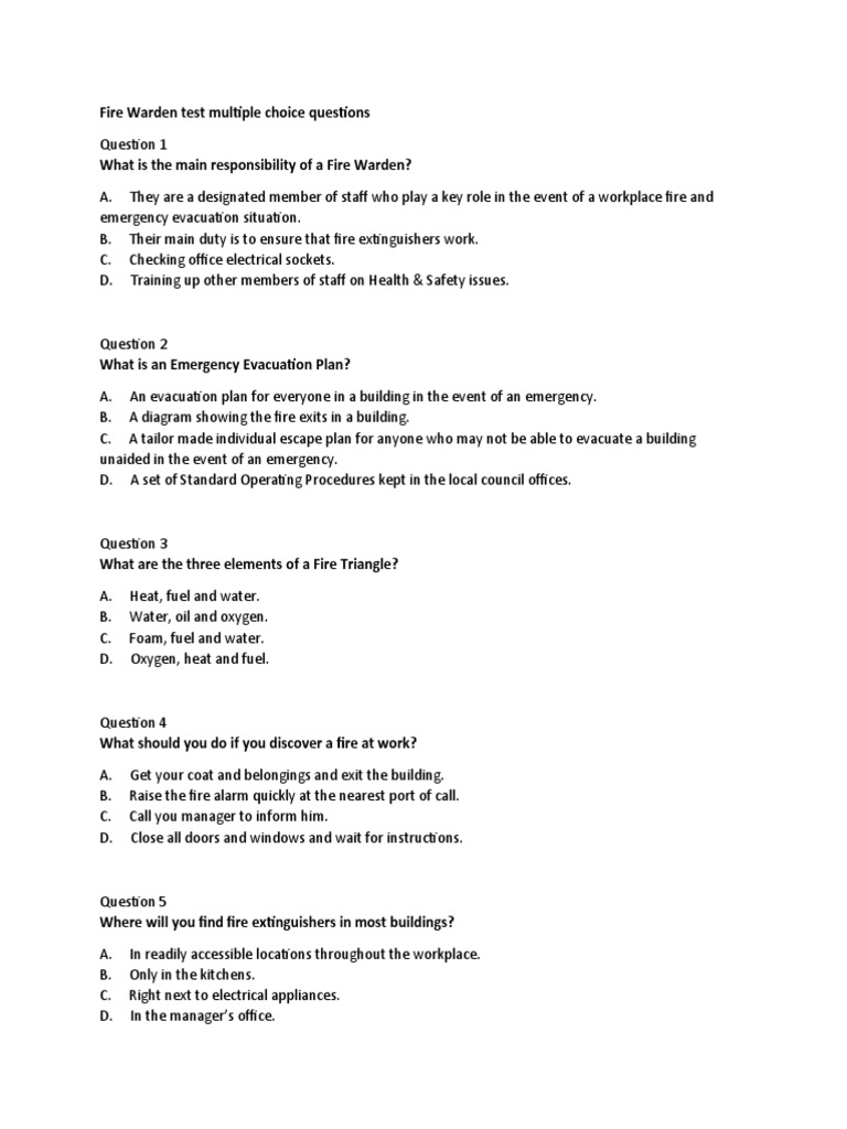 Fire Warden Test Multiple Choice Questions | PDF | Firefighting | Fires
