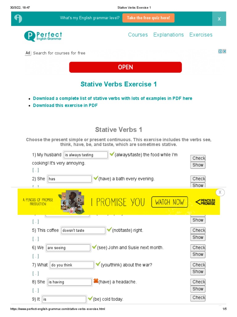 Stative Verbs Exercise 1 Pdf Linguistic Typology Syntax