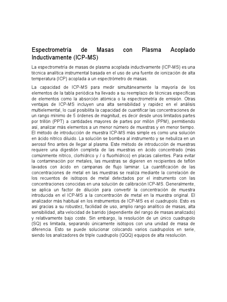 Espectrometría de Masas Con Plasma Acoplado Inductivamente | PDF | Espectrometría de masas ...