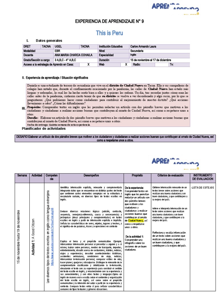 Experiencia 9 3°y 4° | PDF | Idioma en Inglés | Información