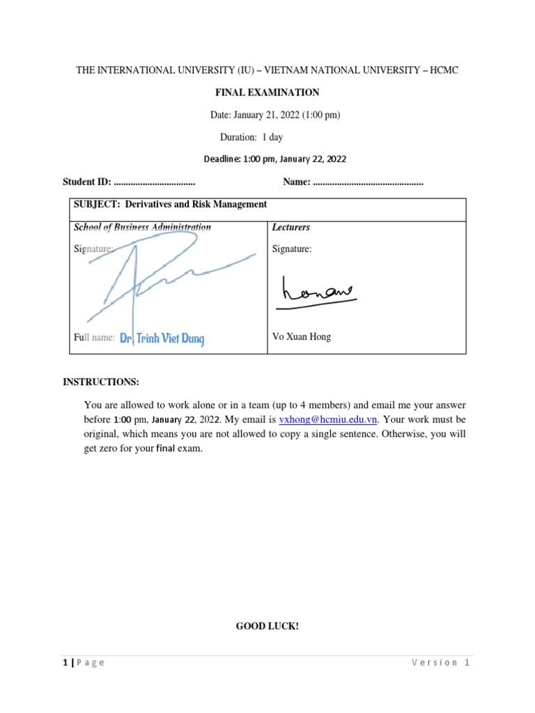 Final Examination: The International University (Iu) - Vietnam National ...