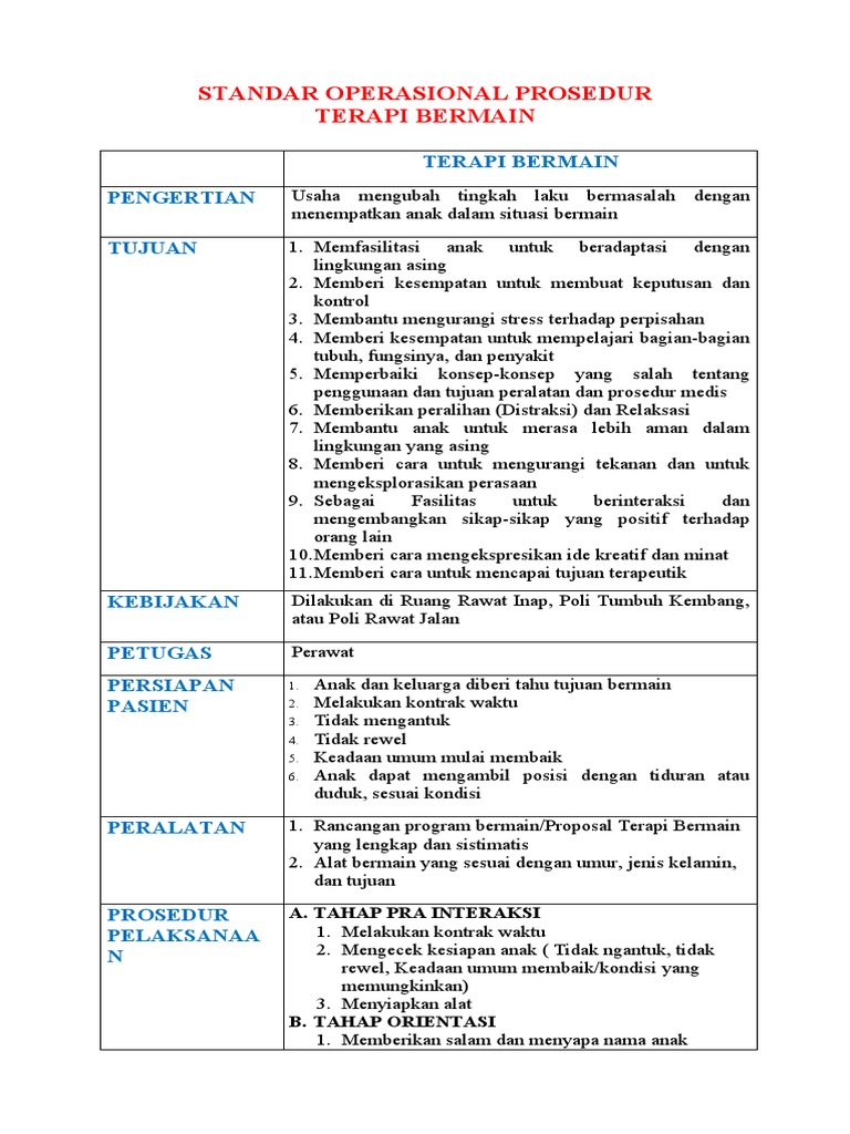 SOP Terapi Bermain untuk Anak Prasekolah | PDF | Karier & Perkembangan ...