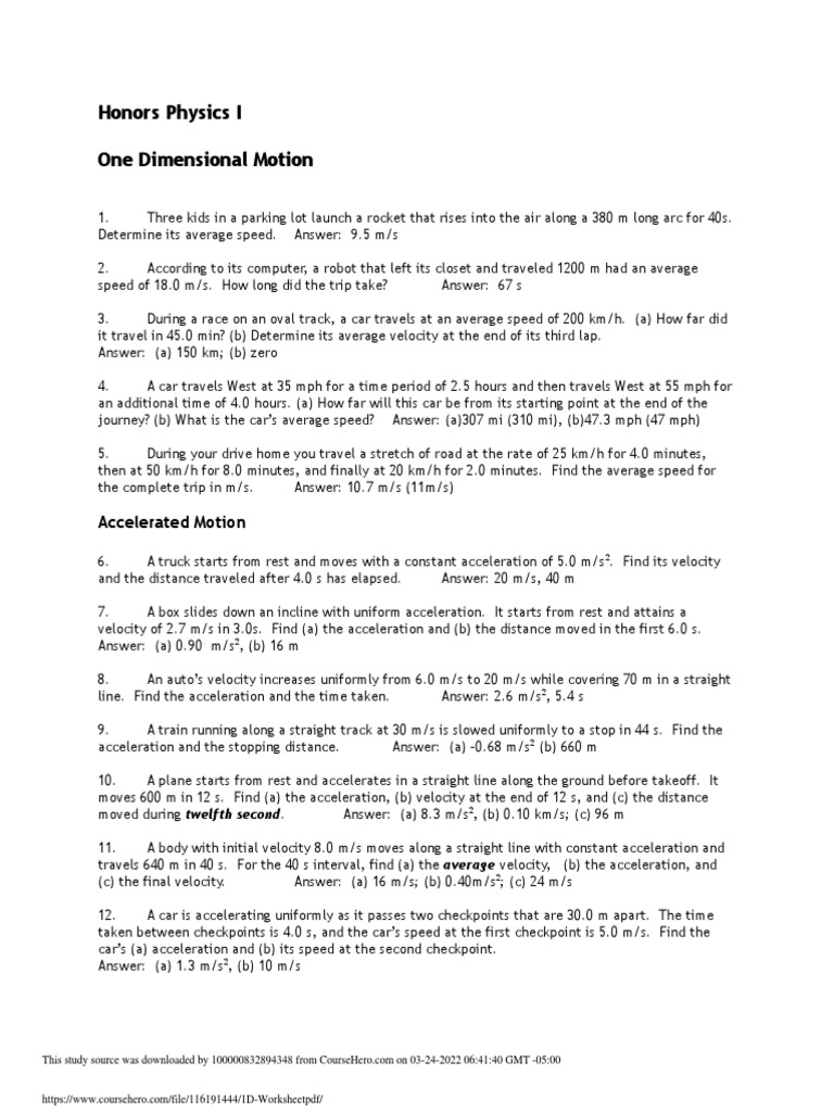1D Worksheet PDF | PDF | Acceleration | Speed