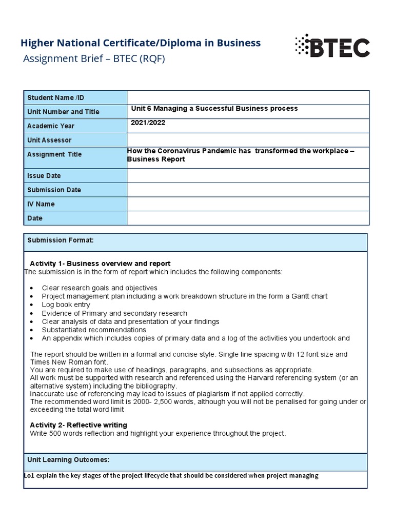 Unit 6 Managing A Successful Business Project Assignments Brief 2022 7768 Pdf Project