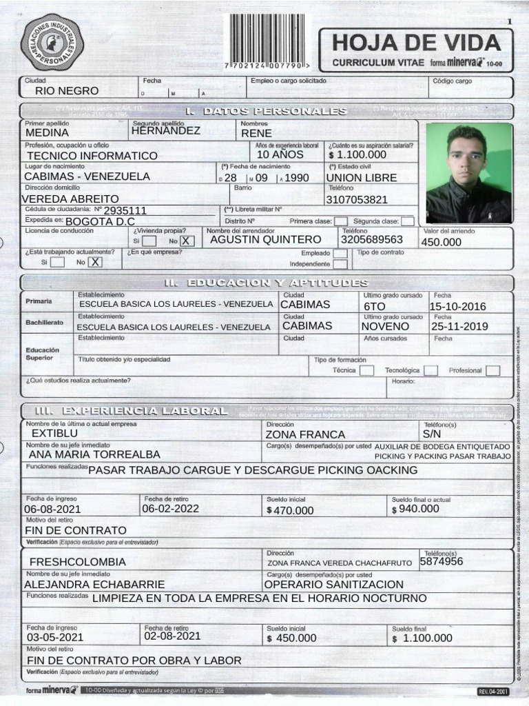 Hoja de Vida Minerva 1000 Rene | PDF