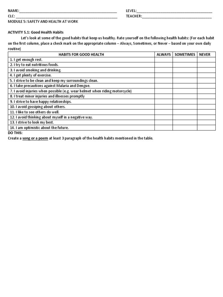 Mydev Module 5 Answer Sheet | PDF | Hygiene | Health Sciences