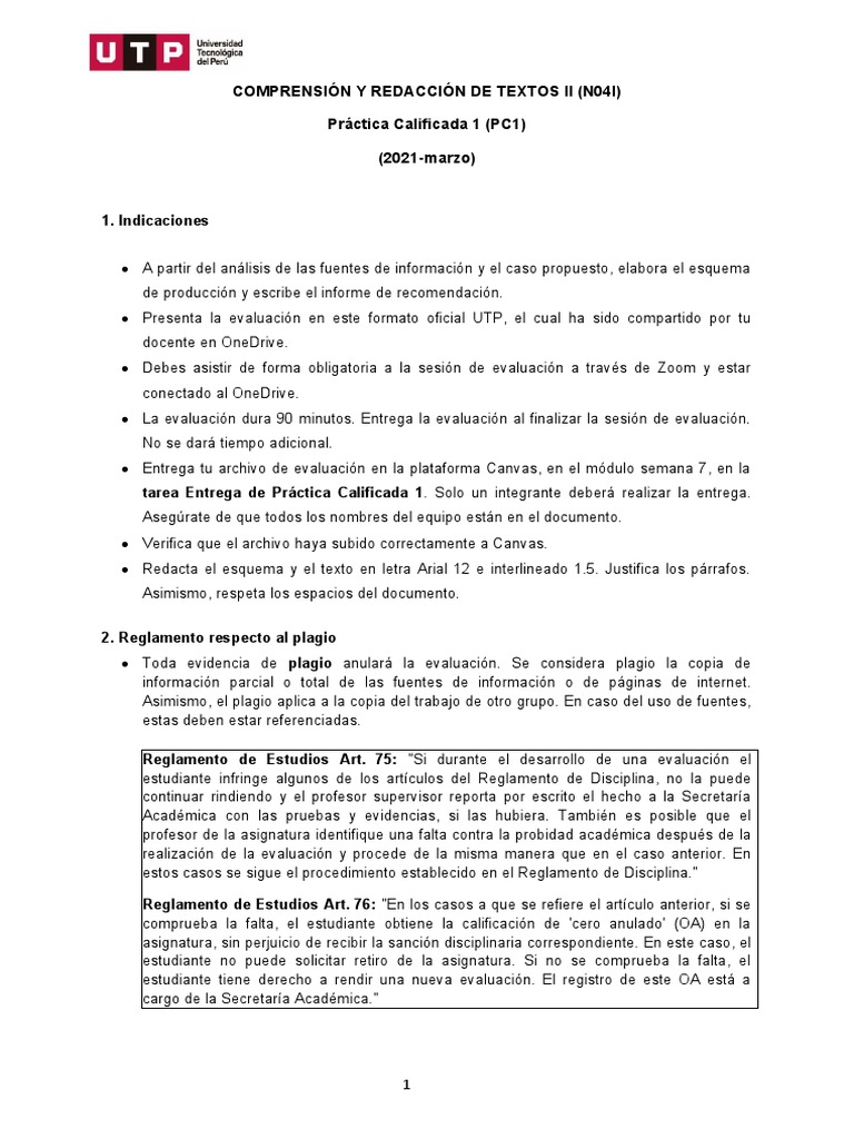Grupo 4 - CRT-2 - S07. s2 - Práctica Calificada 1 (PC1) - Formato UTP | PDF | Perú | Business