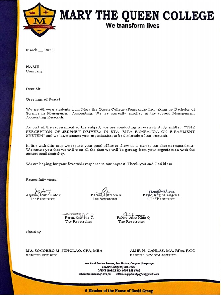 Letter of Approval For Data Gathering | PDF